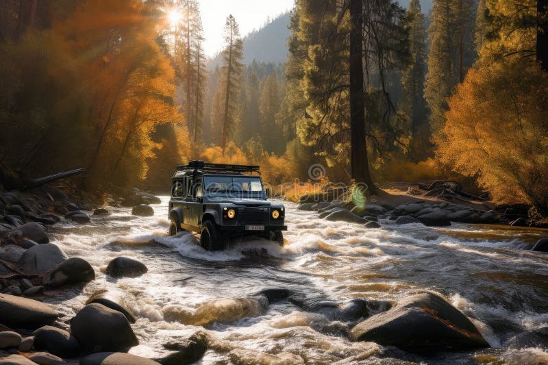 Off-road Vehicle Exploring the Vast Wilderness, Surrounded by Towering ...
