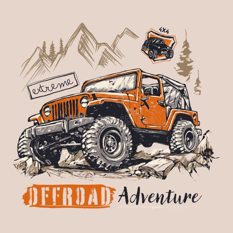 Off-road Vehicle in the Mountains. Hand Drawn Vector Illustration Stock ...