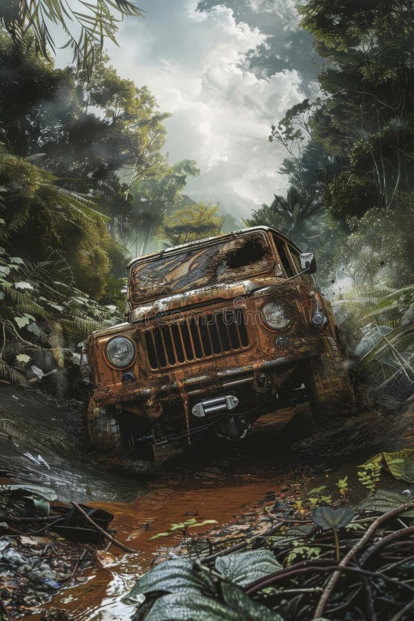 Off-road Vehicle Navigating a Muddy Forest Path, Challenging Untamed ...