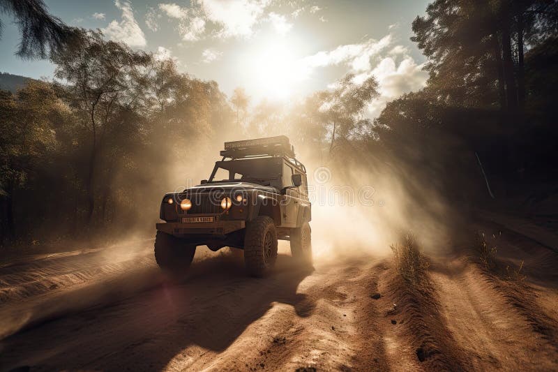 Off-road Vehicle Speeding Over Rough Terrain, with the Sun Shining Down ...