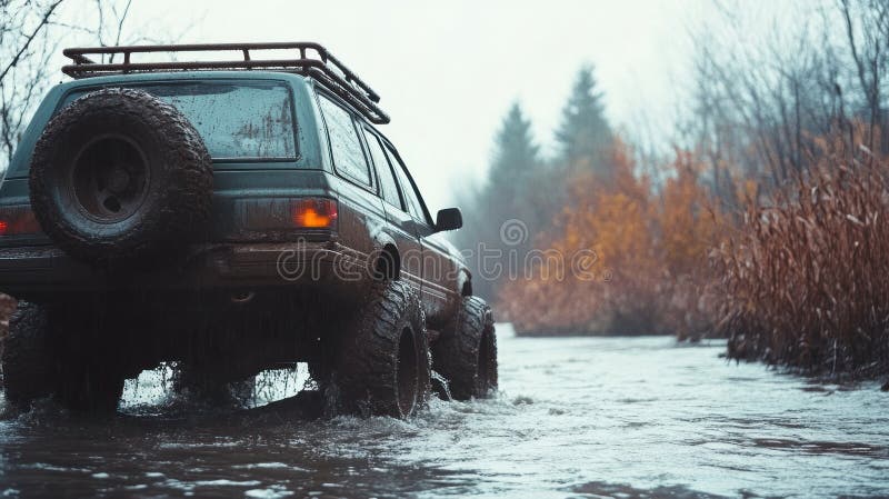 Off-road Vehicle in Stream River with Background Forest Stock Photo ...