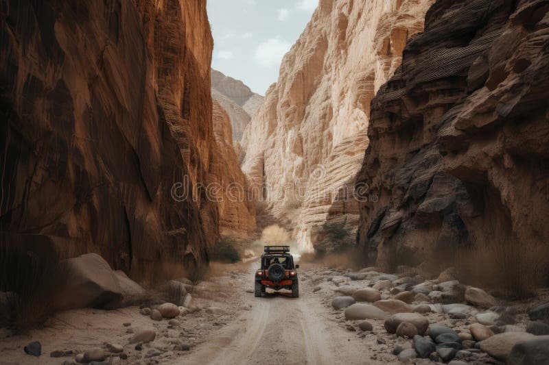 Off-road Vehicle Traveling through Narrow Canyon, with Towering Cliffs ...