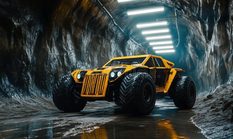 Off-road Vehicle in Underground Tunnel with Dramatic Lighting and ...