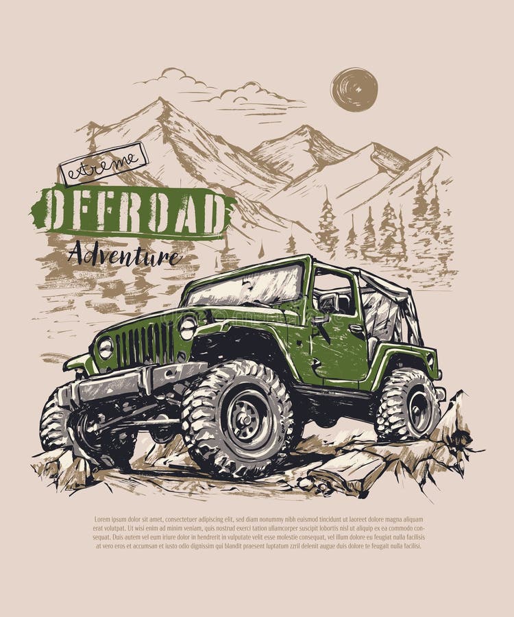 Off-road Vehicle, Vintage Hand Drawn Vector Illustration Stock Photo ...