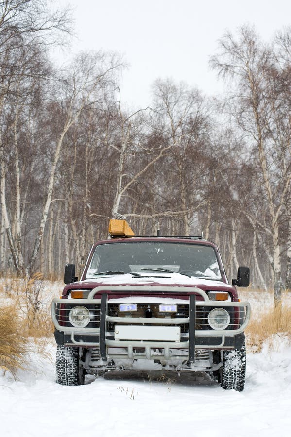 Off-road Vehicle in Winter Forest Stock Image - Image of road ...