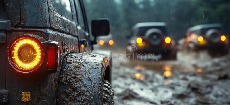 Off-road Vehicles Navigating Muddy Terrain in Rainy Weather with ...