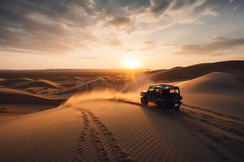 Off-roader Driving through a Desert, with Sand Dunes and Stunning ...