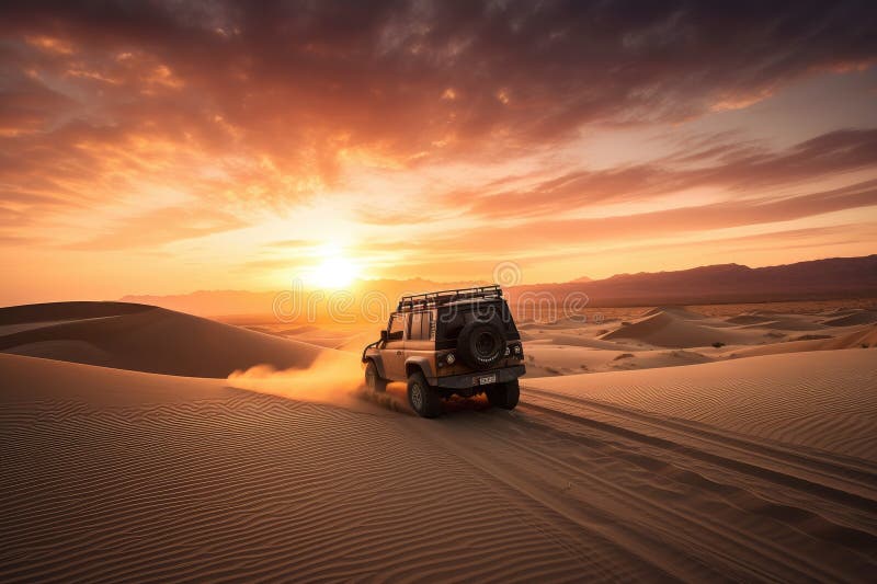 Off-roader Driving through a Desert, with Sand Dunes and Stunning ...