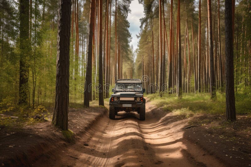Off-roader Driving through Forest with Trees on the Horizon Stock ...