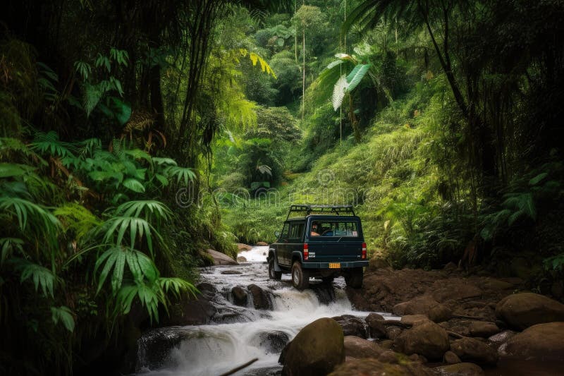 Off-roader Driving through a Tropical Jungle, with Waterfalls in the ...