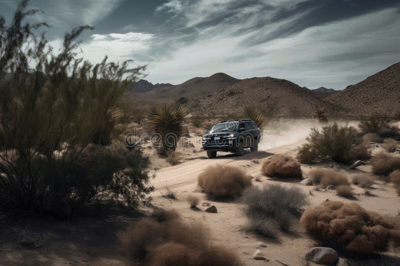 Off-roader Speeding through the Desert, Passing Cacti and Rock ...