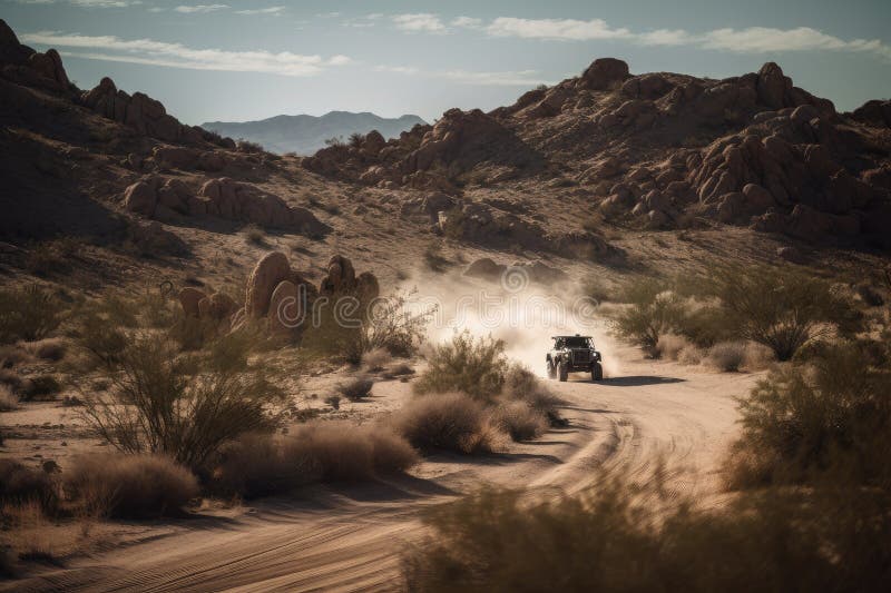 Off-roader Speeding through the Desert, Passing Cacti and Rock ...