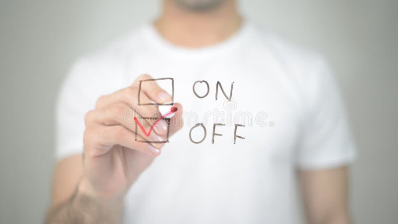 Off, Selecting by Tick, Man Writing on Transparent Screen Stock Image ...