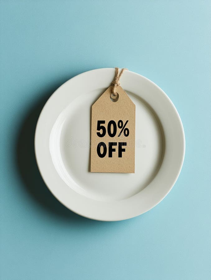 50 Off Tag on an Empty White Plate on a Blue Background. Stock Photo ...