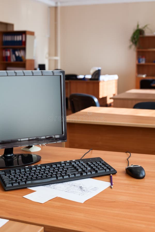 Off Unit of Computer Equipments is in Clear Work Place of Empty Office ...