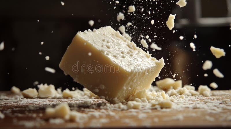 Off White Cheese Block Falling Apart on Wooden Board Stock Illustration ...