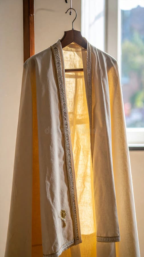 Off White Embroidered Cape Hanging by Window Stock Illustration ...