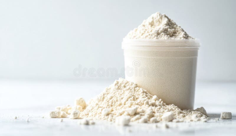 Off White Powder Spilled from Plastic Container on Light Gray Surface ...