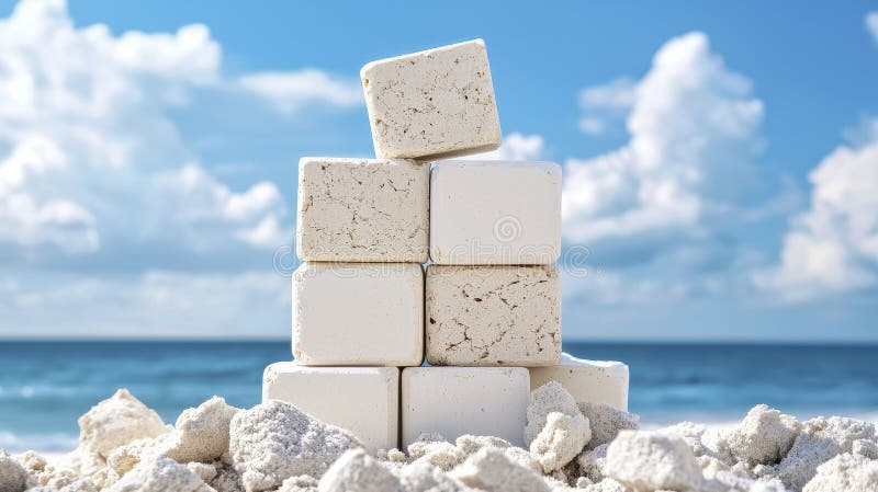 Off White Speckled Cubes Stacked on Sandy Beach Under Blue Sky Stock ...