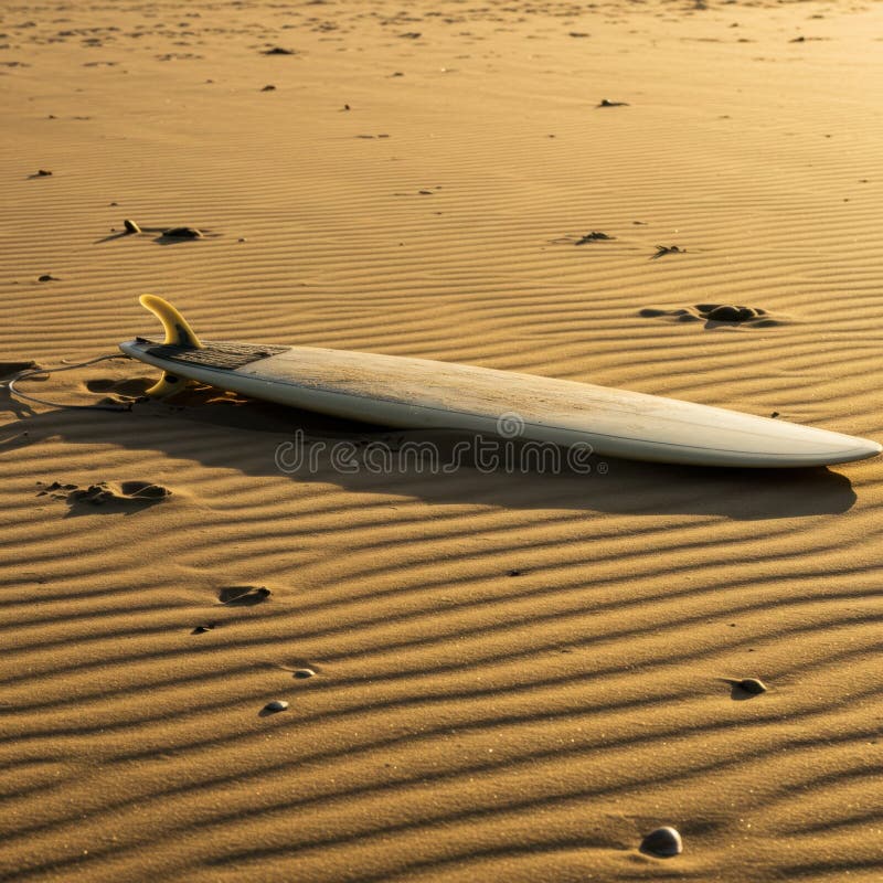 Off-White Surfboard on Sandy Beach at Sunset Stock Image - Image of ...
