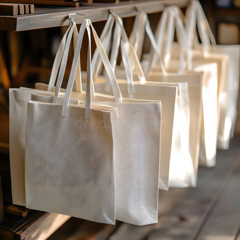 Off White Tote Bags with Gray Text Pattern Hanging on Wooden Rack Stock ...