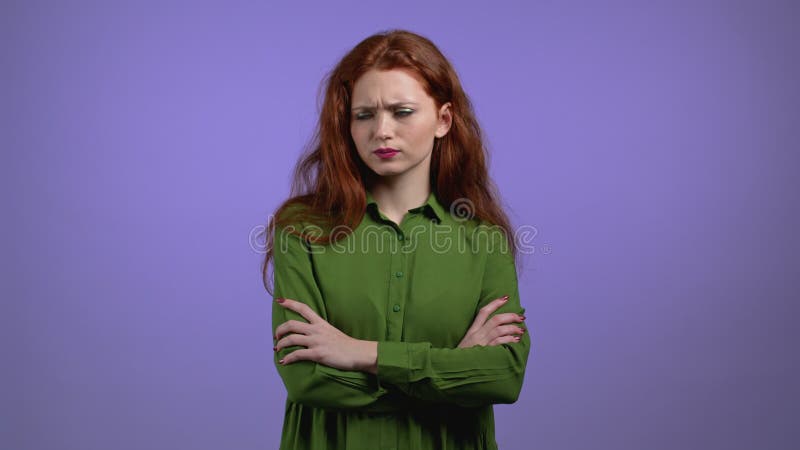 Offended Woman Keeping Arms Crossed Feeling Mad At Someone On Blue