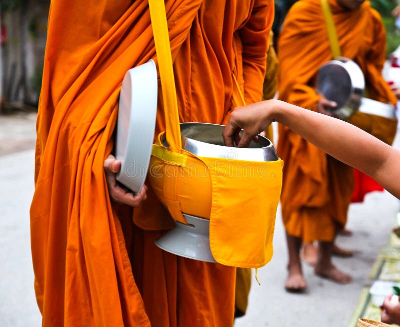 Offer Food To Monk on Early Morning Stock Image - Image of meditation ...