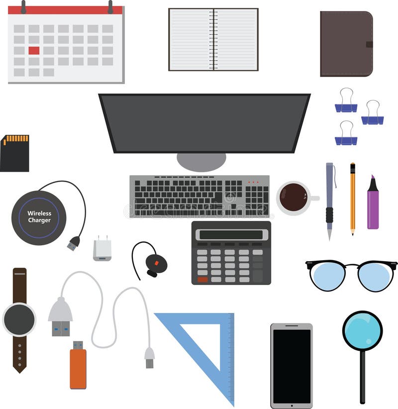 Workspace Office Tools Set, Essential Graphic Flat Design Stock Vector - Illustration of people ...