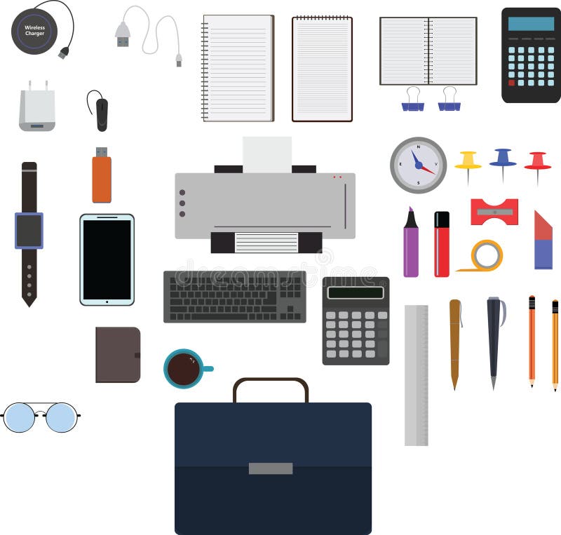 Workspace Office Tools Set, Essential Graphic Flat Design Stock ...