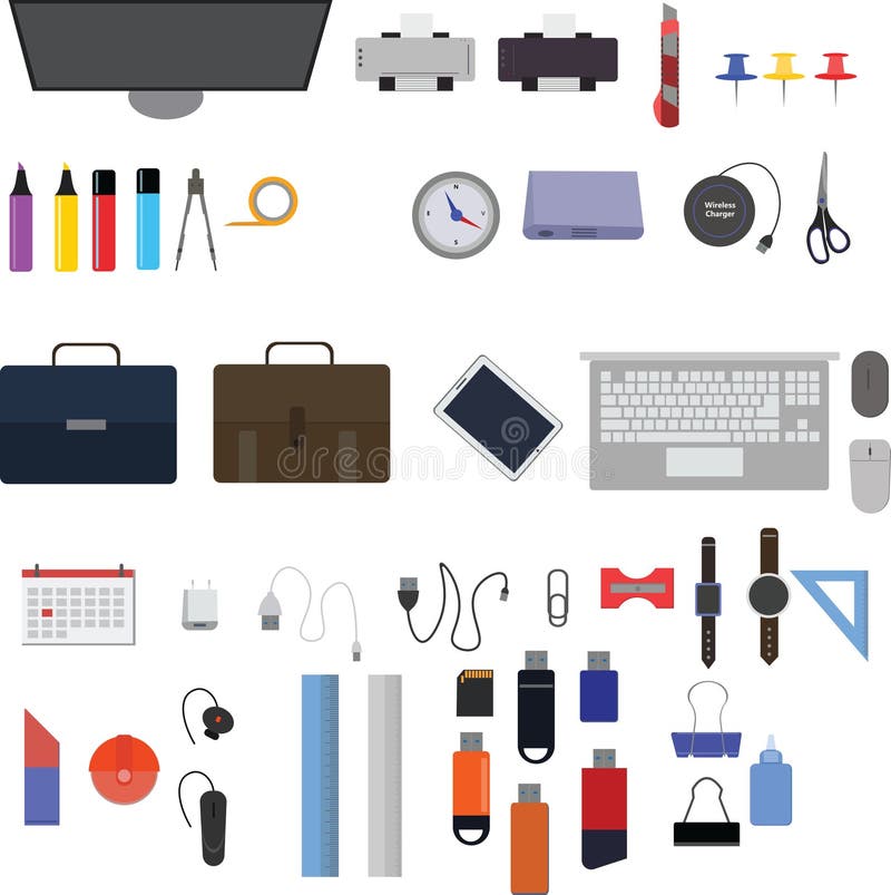 Workspace Office Tools Set, Essential Graphic Flat Design Stock Vector ...