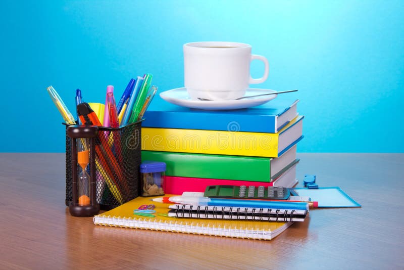 Office Accessories In Support And Books Stock Image - Image of blue ...