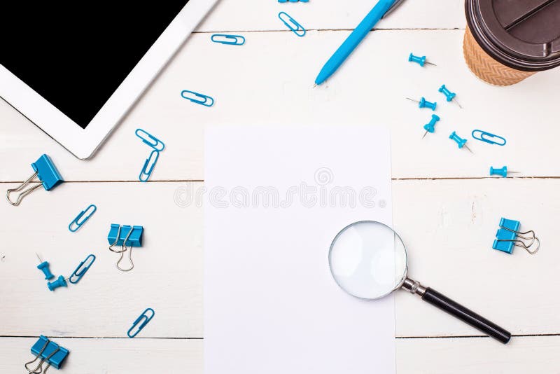 Office Accessories on White Boards Top View. Layout for Office Stock ...