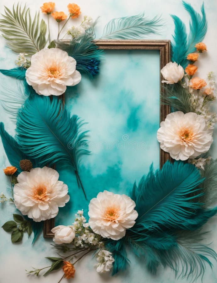 Turquoise Tranquility Background: Floral, Pastel and Feather Frame ...