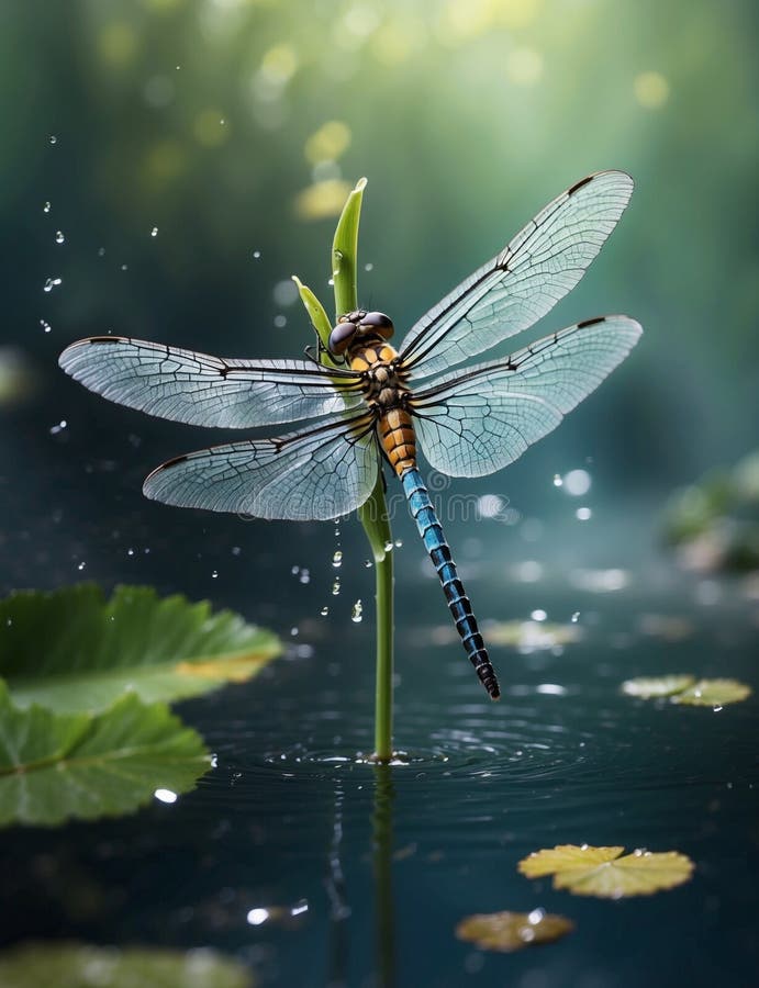 Enchanted Dragonfly Ballet: Macro Above Te he Water in Blue and ...