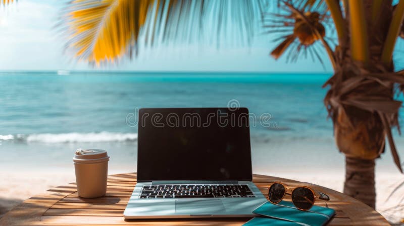 Office on the Beach, Laptop with Empty Screen, Sunglasses. Stock ...