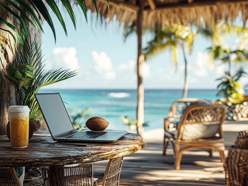 Office on the Beach, Laptop with Empty Screen, Sunglasses and Tropical ...