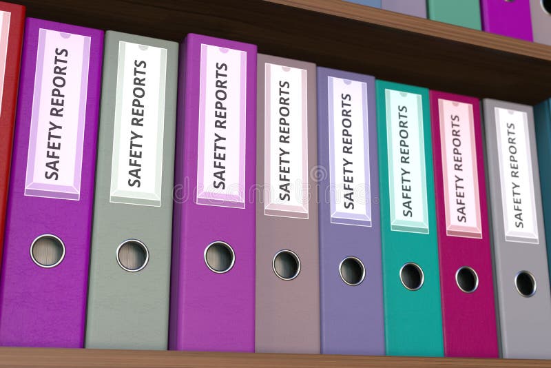 Office Binders with SAFETY REPORTS Inscription. 3D Rendering Stock ...