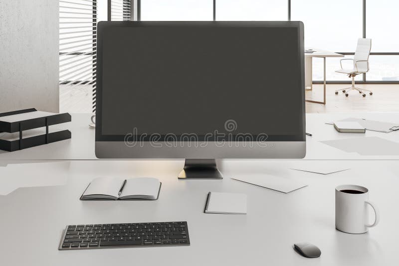 Office with Blank Computer Screen Editorial Image - Illustration of ...