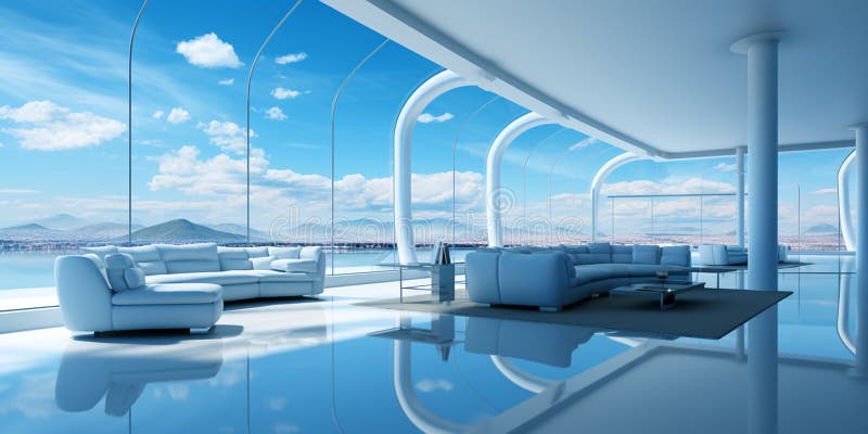 Office with Blue Ocean Panorama with Sun Reflection, Zoom Virtual ...