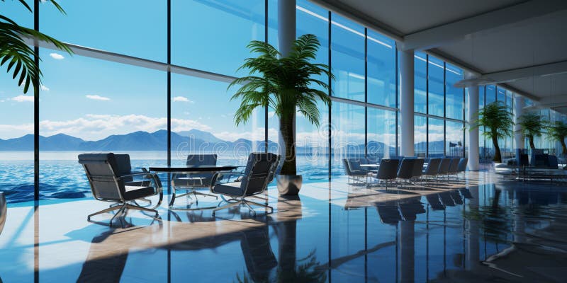 QOffice with Blue Ocean Panorama with Sun Reflection, Zoom Virtual ...