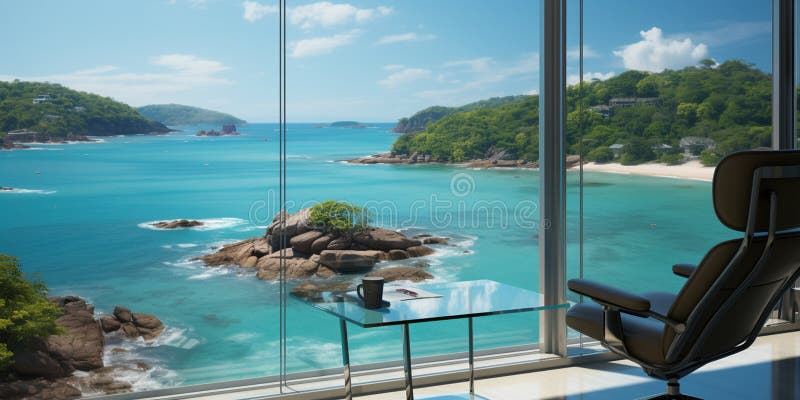 Office with Blue Ocean Panorama with Sun Reflection, Zoom Virtual ...