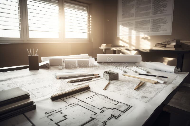 Office, with Blueprints and Plans for New Building Spread Out on Desk ...