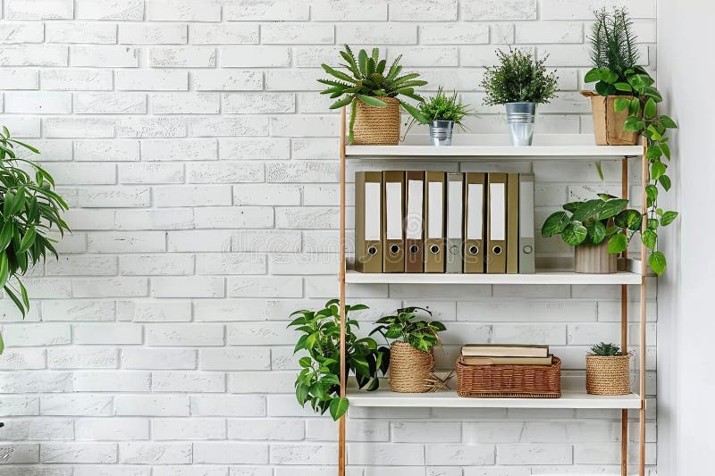 Office Bookcase with Plants and Folders Over White Wall, Empty Space ...