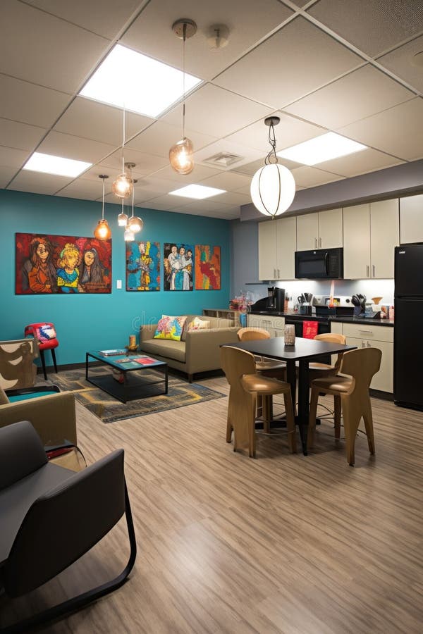 Office Break Room with Comfortable Seating and Snacks Stock ...