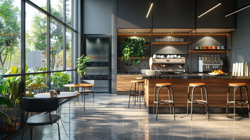 Office Break Room with Tables, Coffee Bar, Greenery, and Large Windows ...