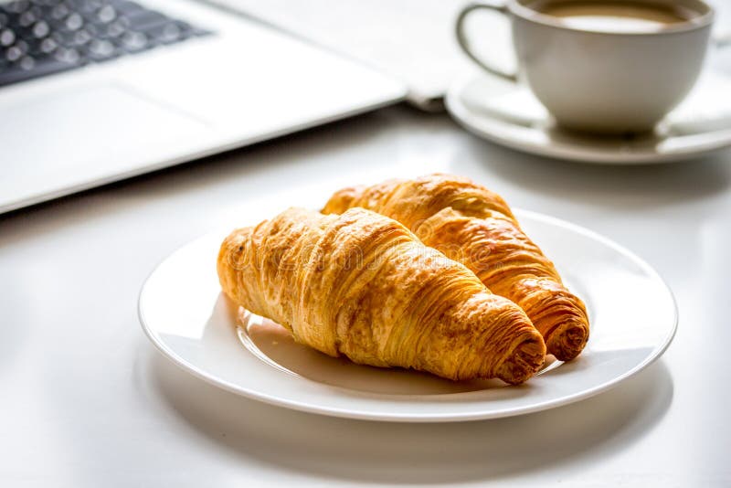 Office Breakfast with Laptop on White Desk Stock Image - Image of ...