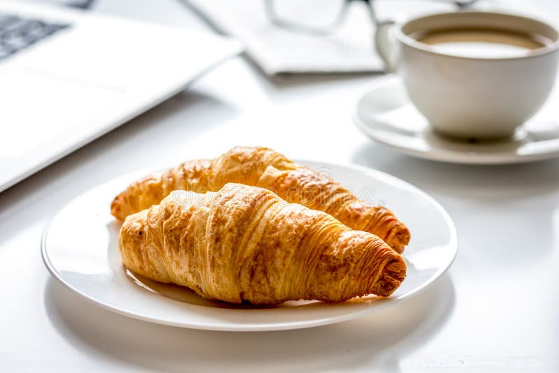 Office Breakfast with Laptop on White Desk Stock Image - Image of ...