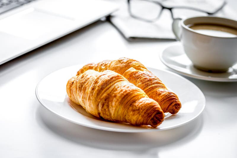 Office Breakfast with Laptop on White Desk Stock Photo - Image of drink ...