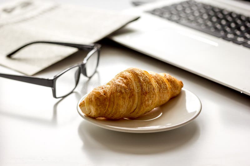 Office Breakfast with Laptop on White Desk Stock Photo - Image of ...