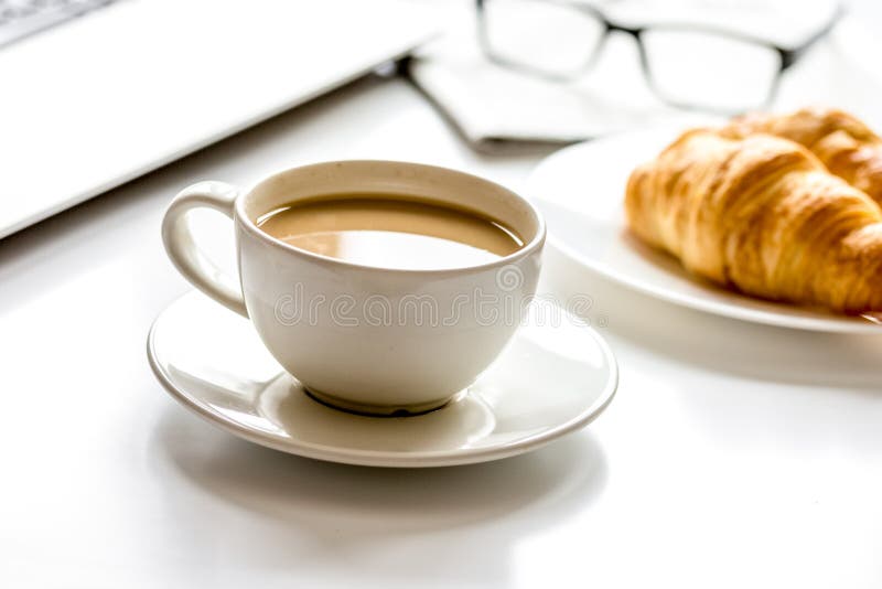 Office Breakfast with Laptop on White Desk Stock Image - Image of news ...
